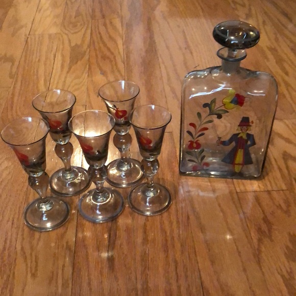 Dining | Vintage Hand Painted Decanter With 5 Cordial Glasses And Glass ...